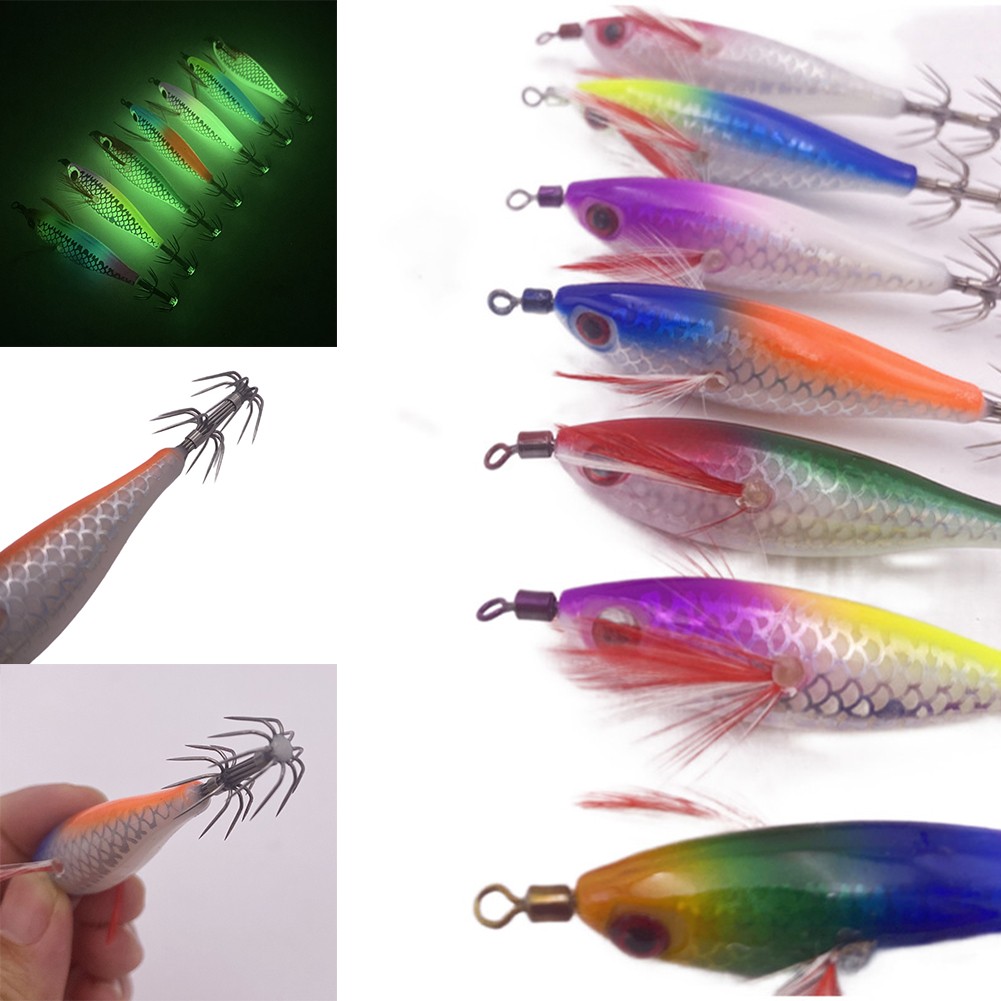 HIGH QUALITY FISHING Bait Luminous Wooden Shrimp Squid Hook Fake Bait ...