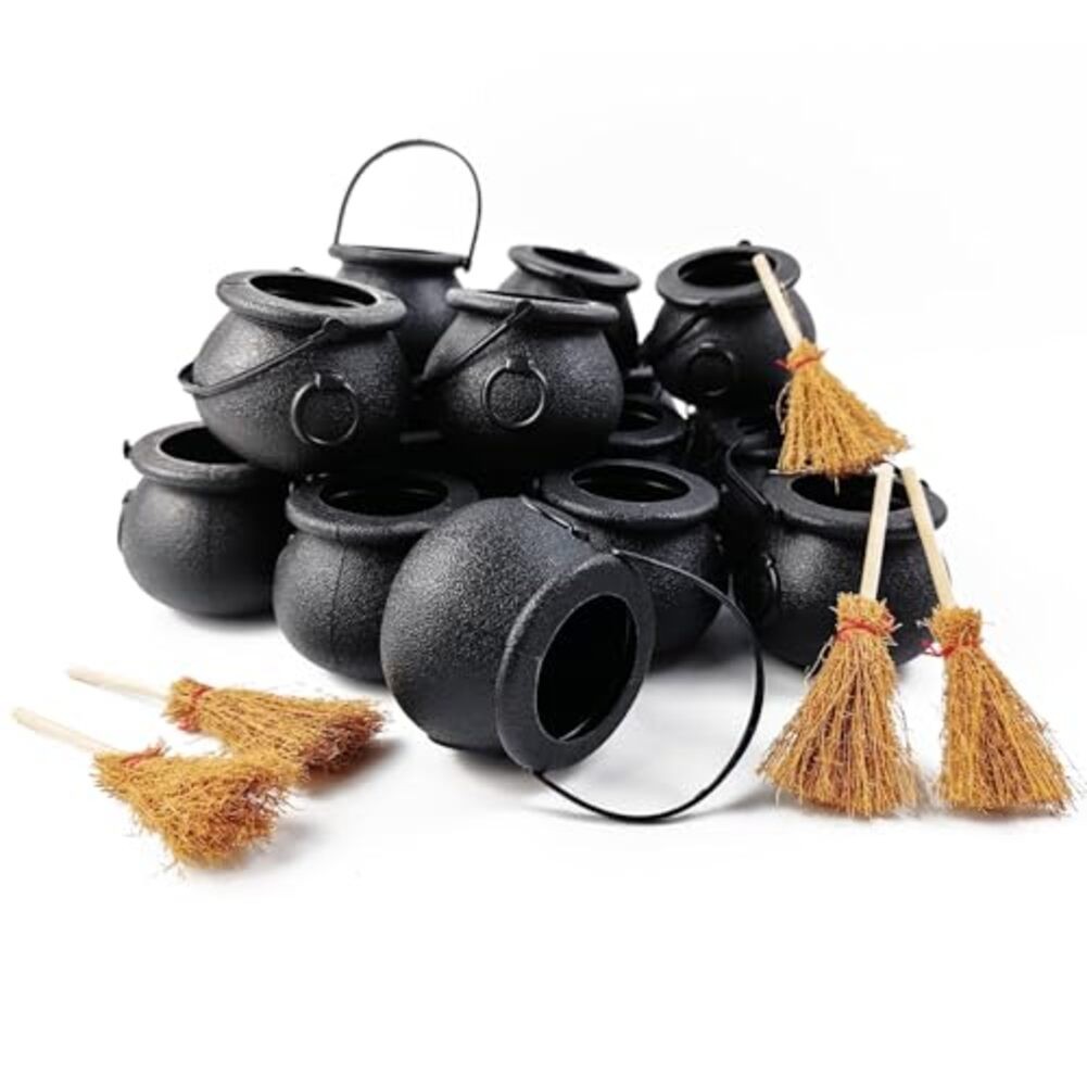 24PCS Mini Cauldrons with Wooden Witch Brooms for Kids Halloween or ...