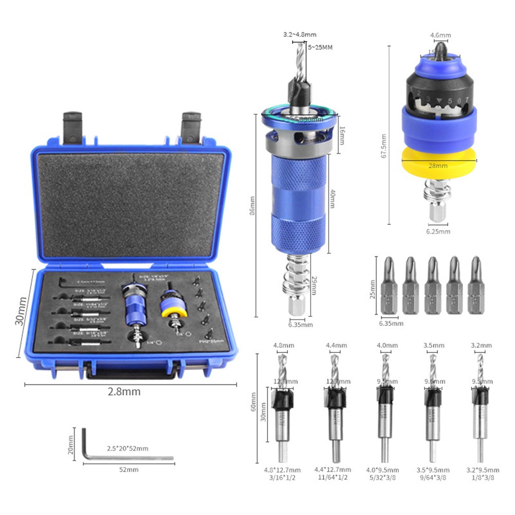 Tapered Drill Bit Set with Adjustable Depth Stop for Woodworking ...