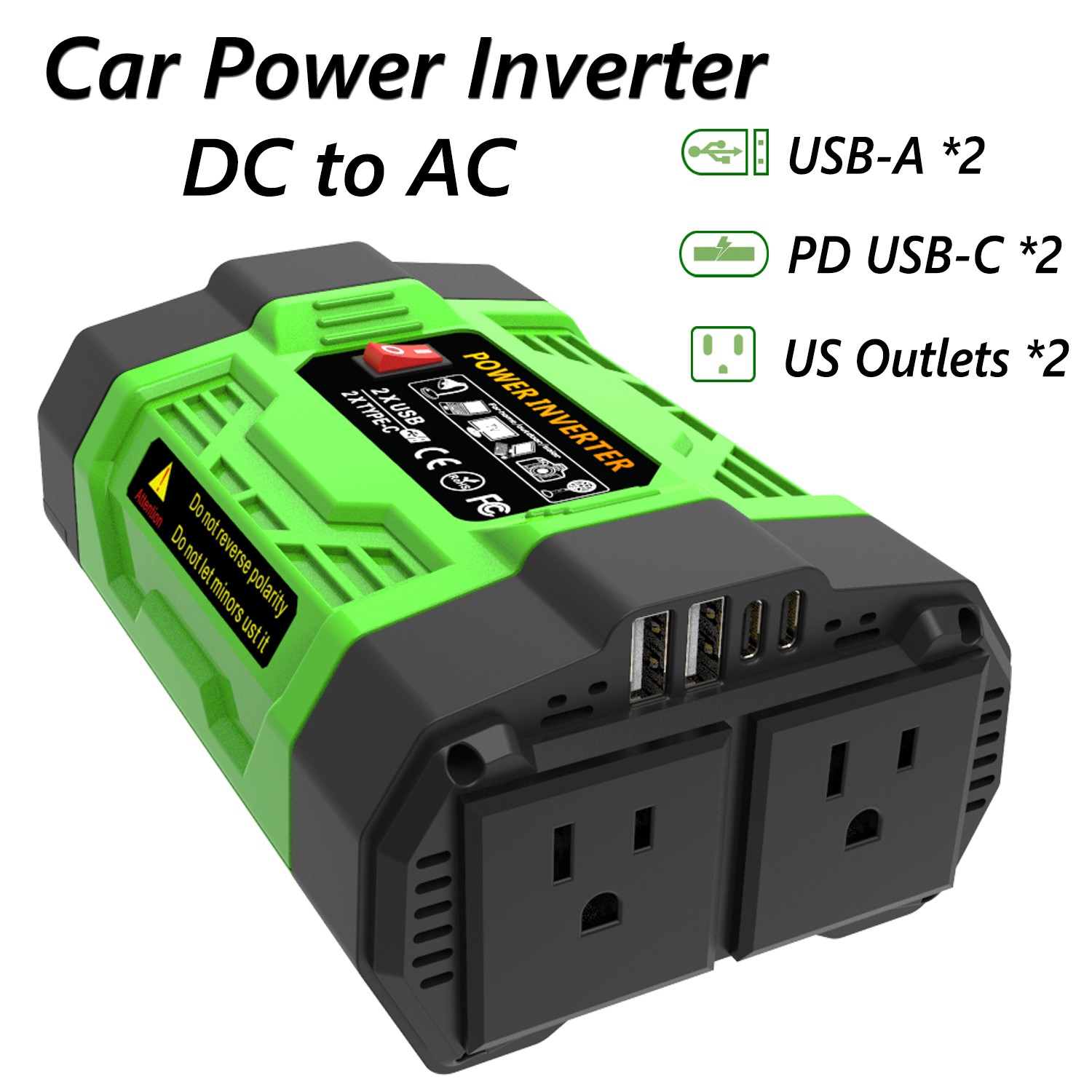 DUAL OUTLET 200W Car Power Inverter DC 12V to AC 220V with Four USB ...