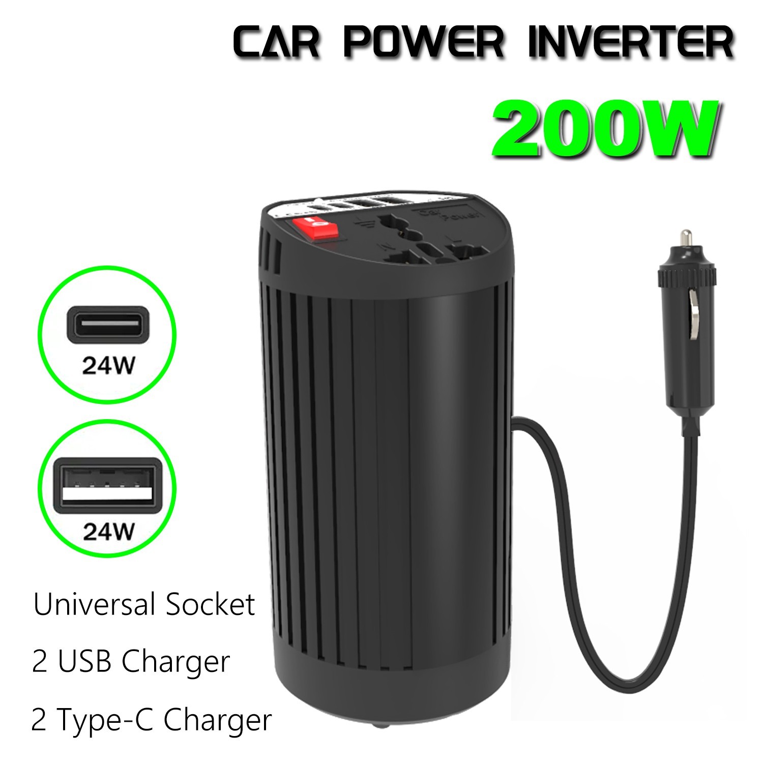 200W CAR POWER Inverter DC 12V to AC 220V with USB and TypeC Charging ...