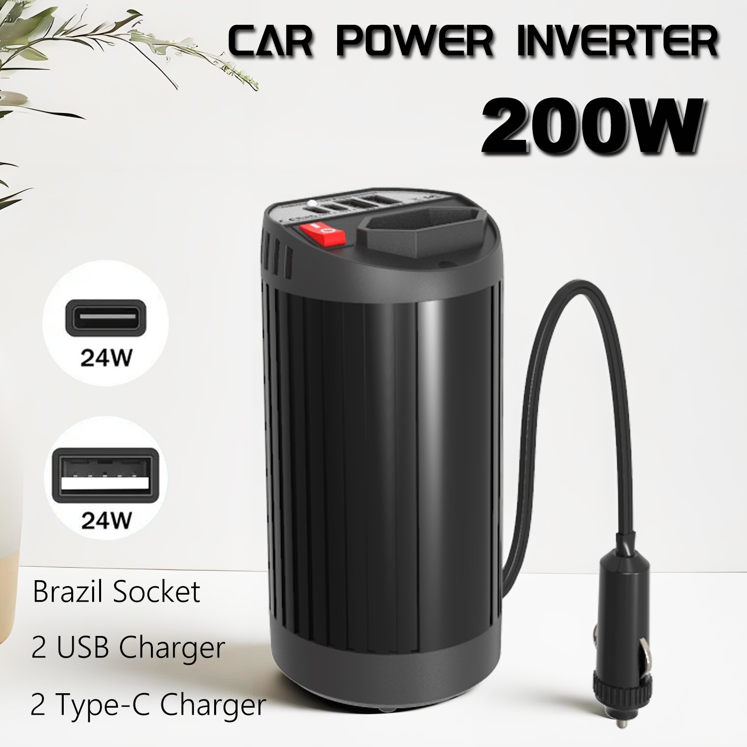 200W Car Power Inverter with 2 USB and 2 TypeC Fast Charging Ports for ...