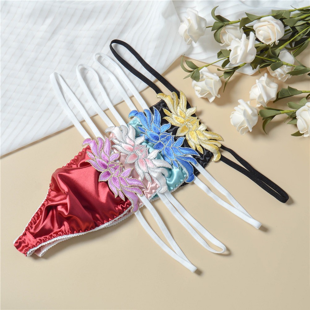 Men's Thong Underwear - Low Rise Satin-like Glossy with Floral Details ...