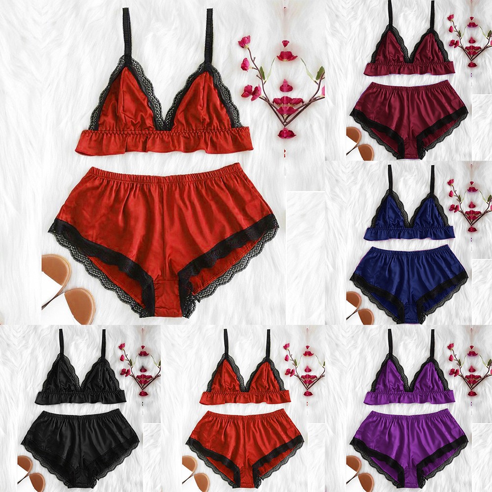 Elegant Silk Nightwear Shorts Set Women Satin Lingerie Pajamas ...